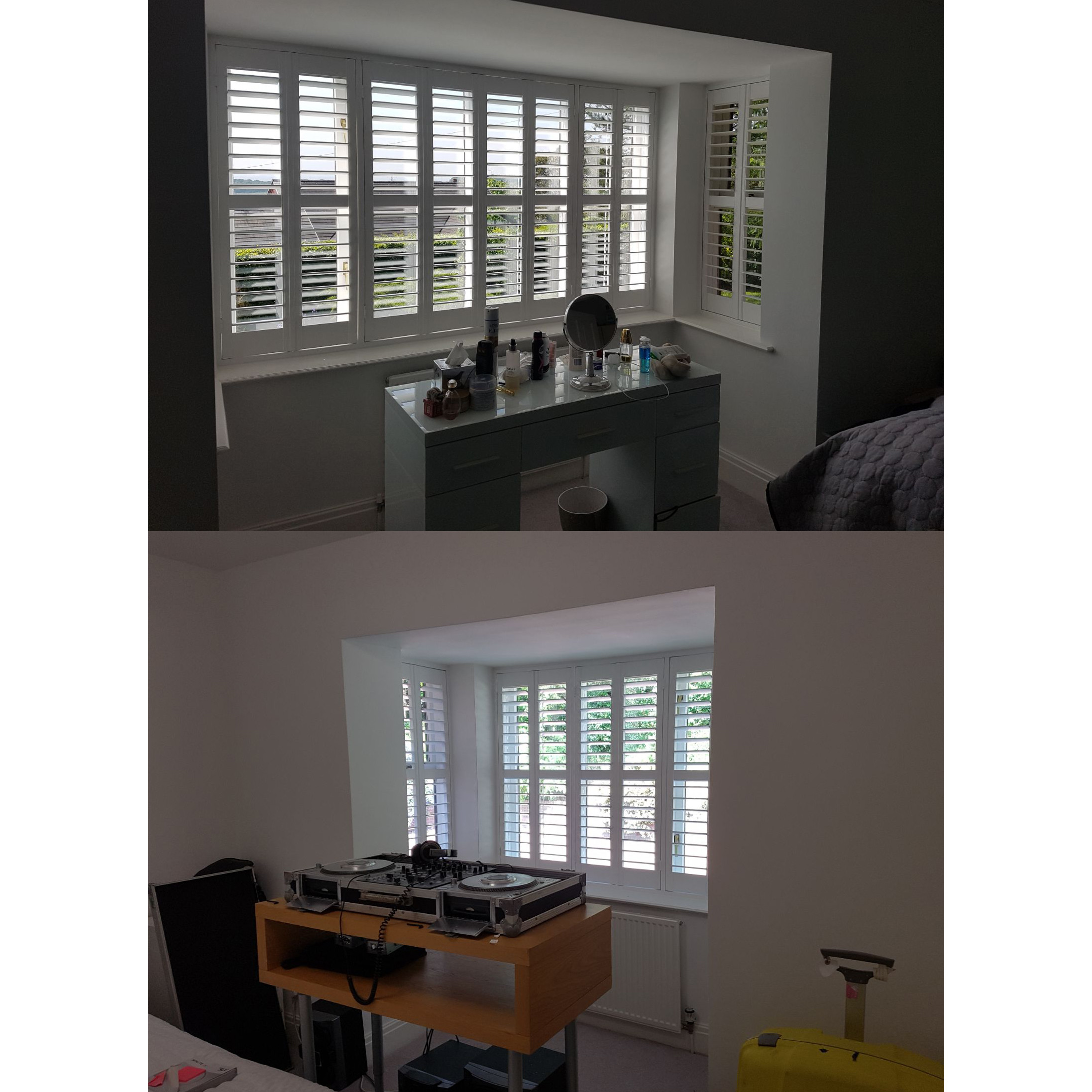 Two very similar box bay windows fitted with shutters | Absolute Shutters